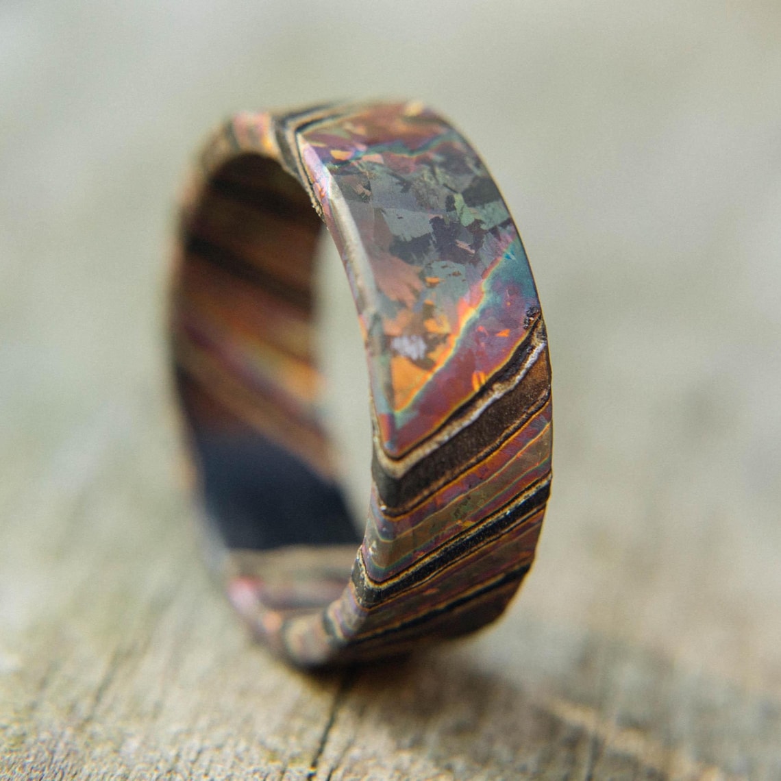 Mens Wedding Band, Iridescent Flame Anodized Crystallized Titanium and ...