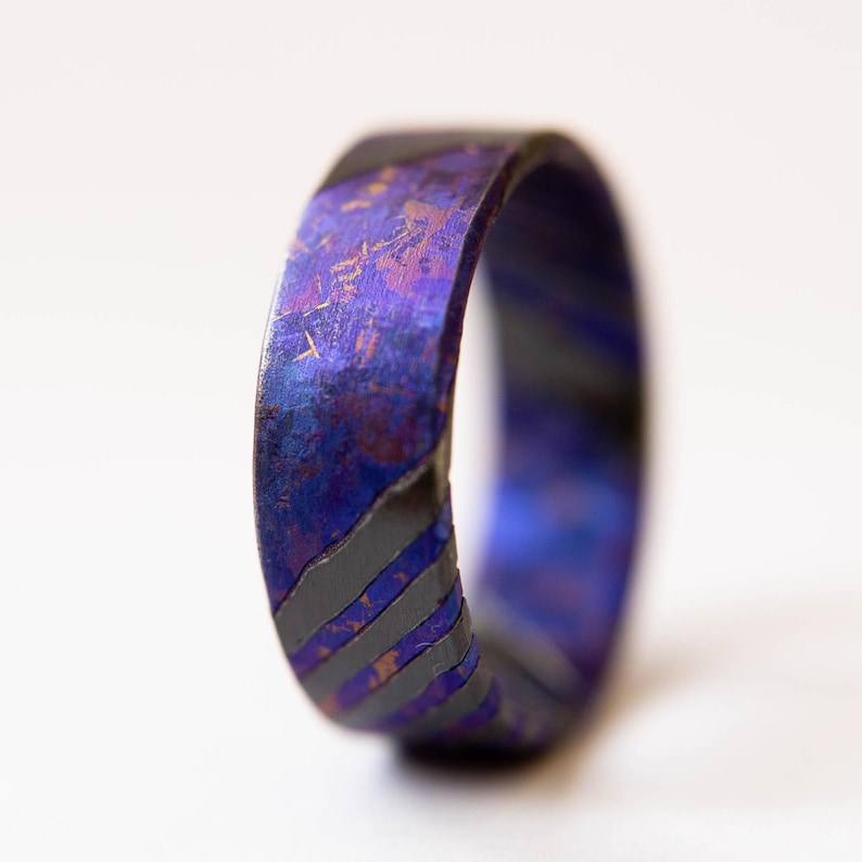 Violet Crystallized Titanium and Zirconium Damascus Wedding Band, Mens ...