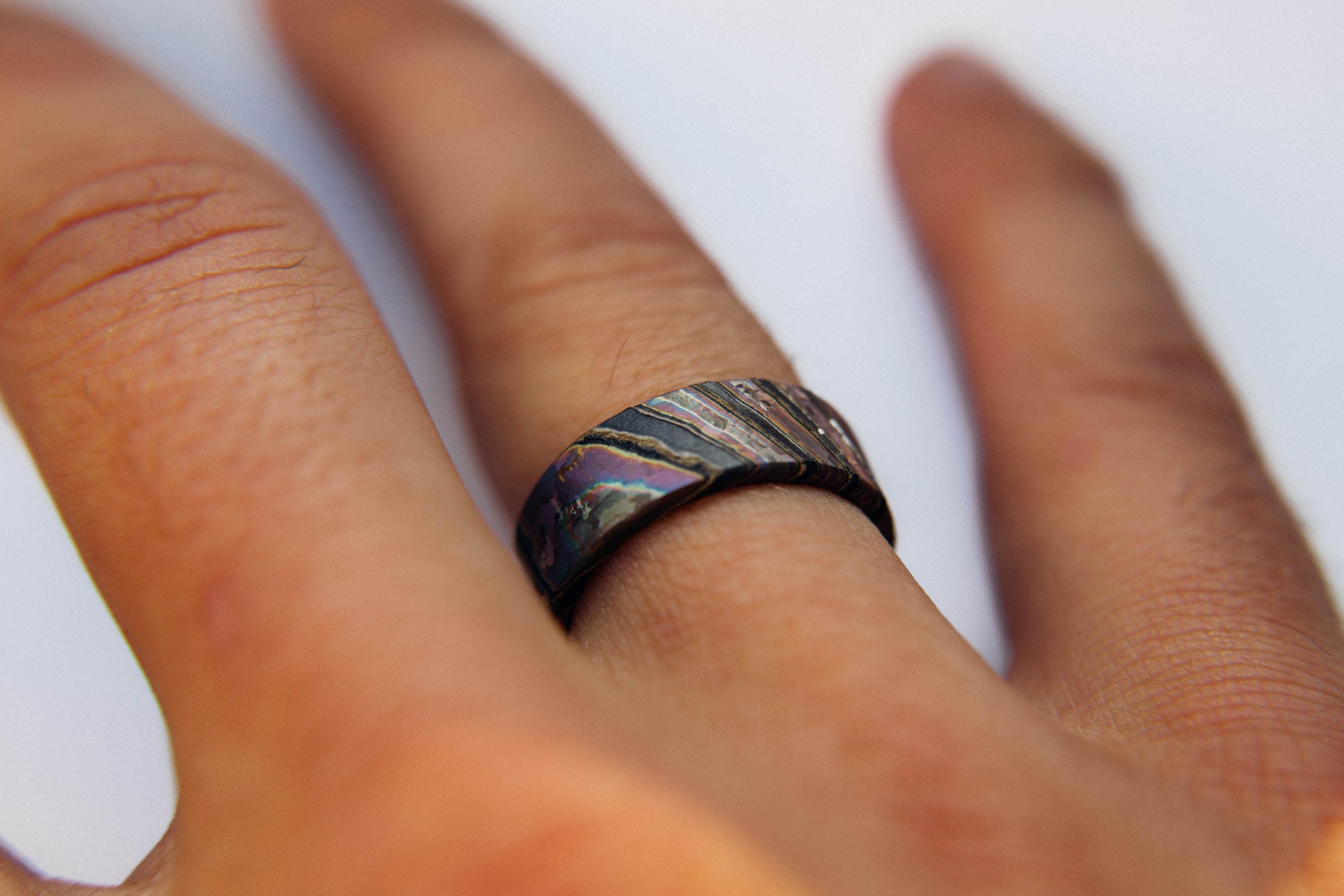 Mens Wedding Band, Iridescent Flame Anodized Crystallized Titanium and ...