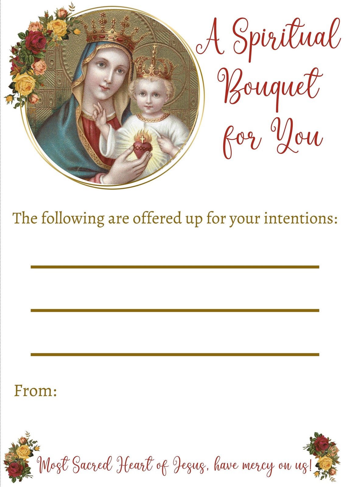 Spiritual Bouquet Printable Card / Sacred Heart of Jesus / Prayer Card ...