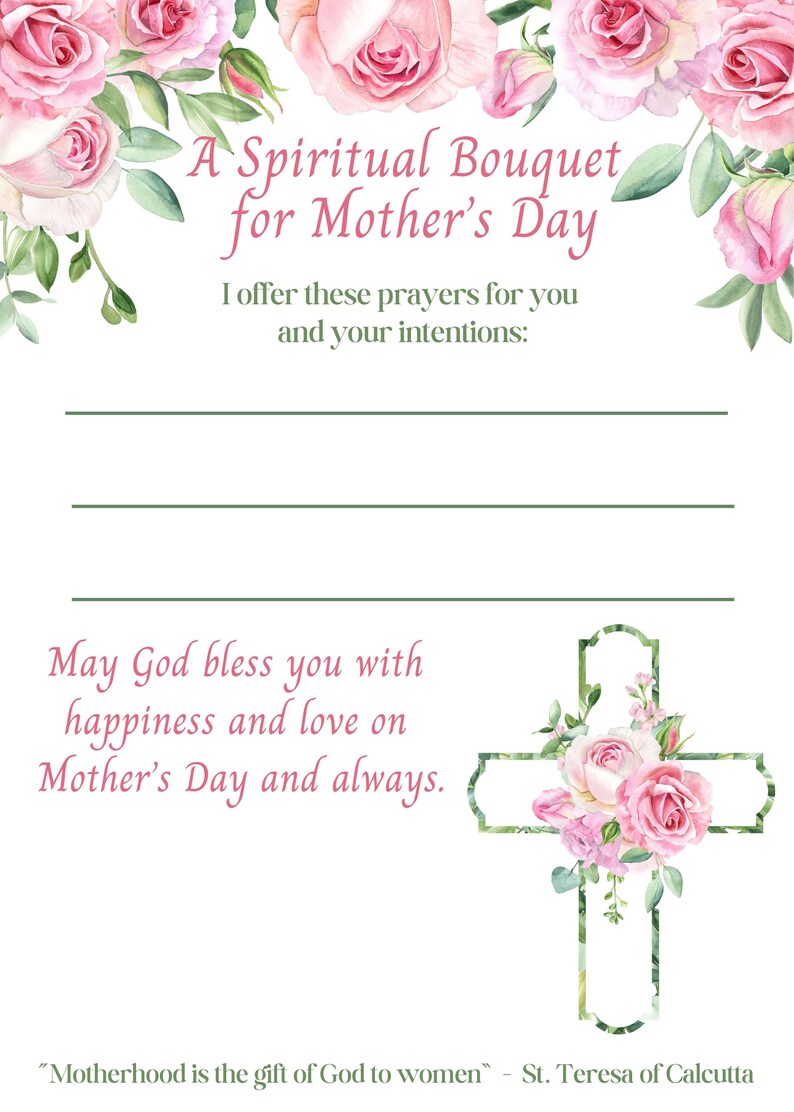 Mother's Day Spiritual Bouquet, Catholic Printable Card, Happy Mother's ...