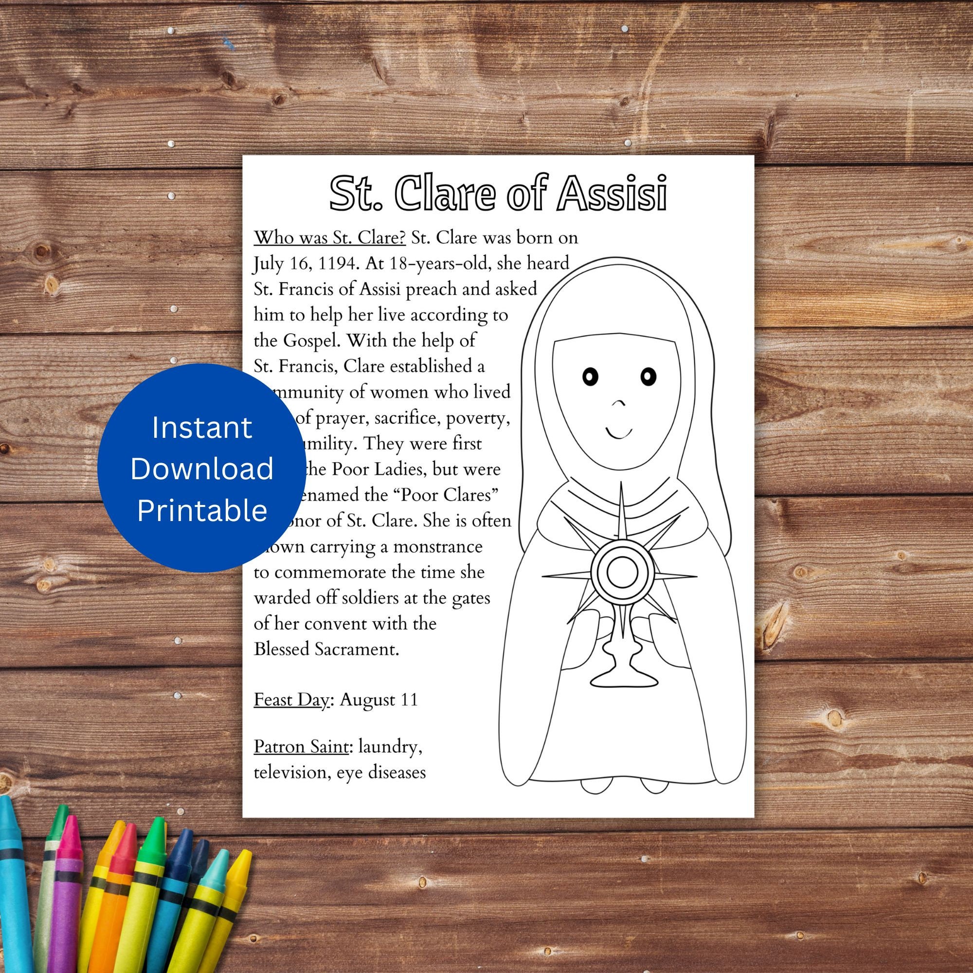 St. Clare of Assisi Coloring Page, Printable Saint Coloring, Catholic ...