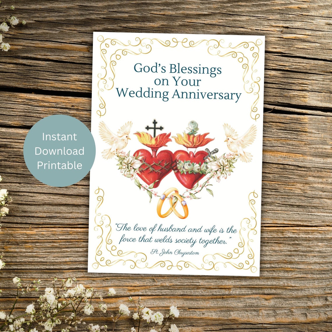 Catholic Wedding Anniversary Card, Printable Anniversary Greeting, Sacred Heart and Immaculate ...