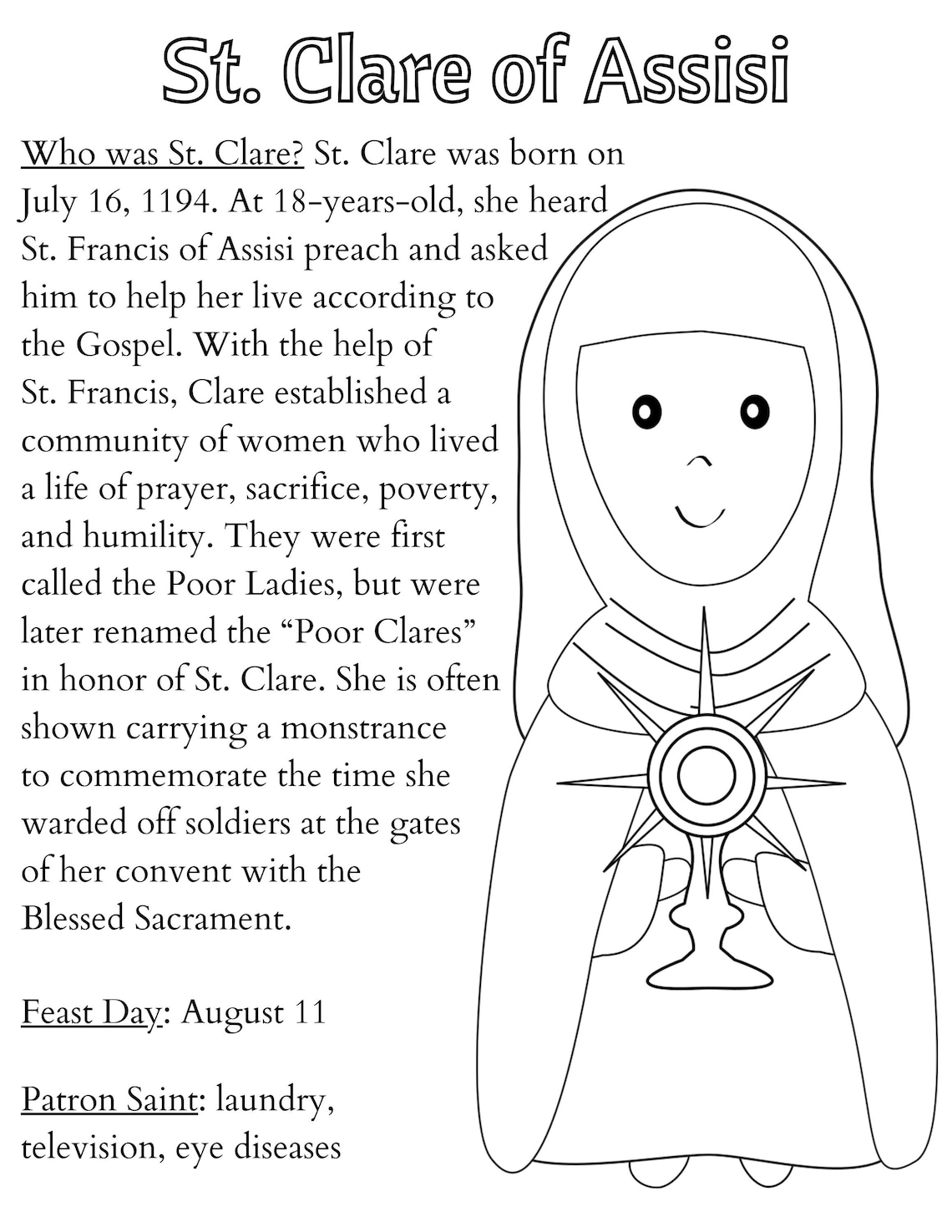 St. Clare of Assisi Coloring Page, Printable Saint Coloring, Catholic ...