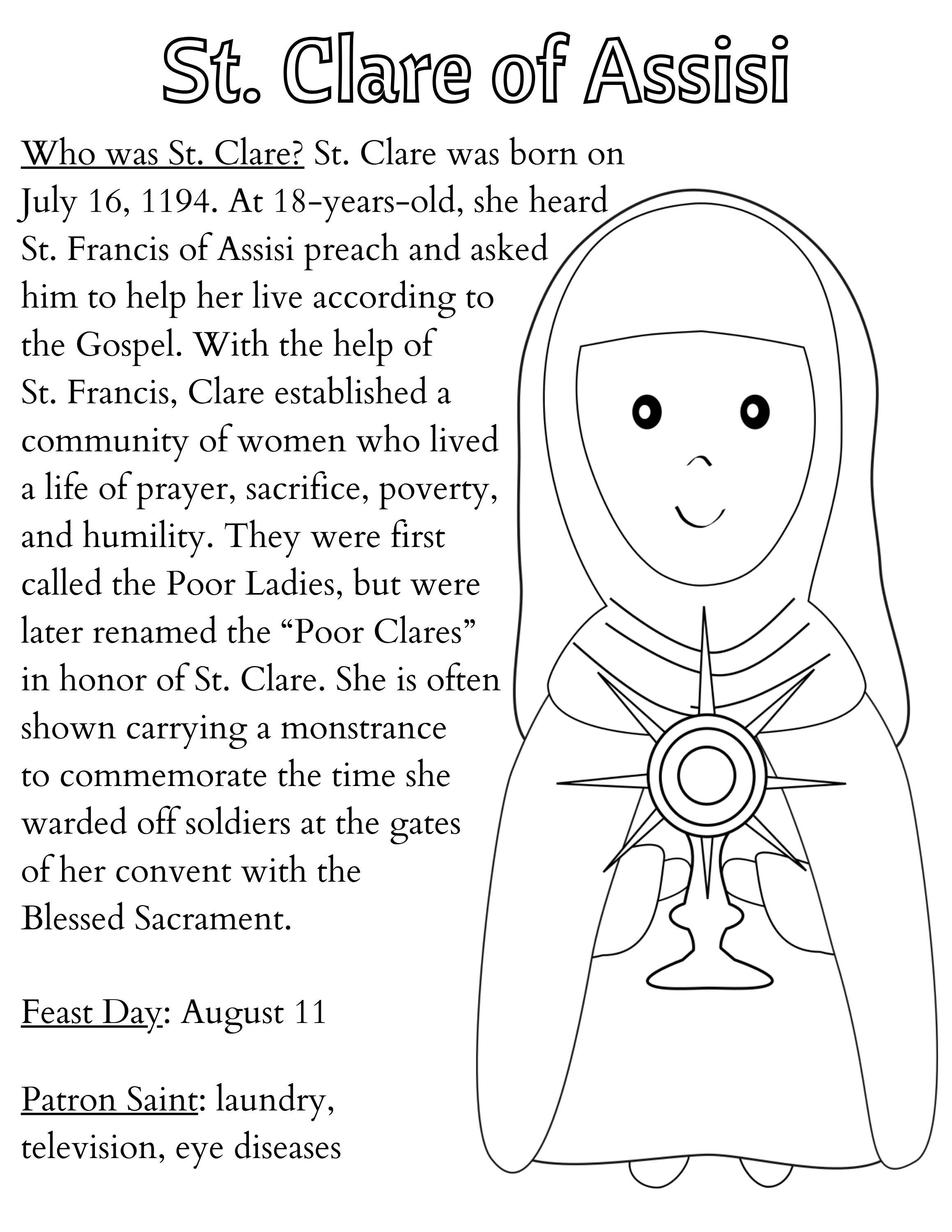 St. Clare of Assisi Coloring Page, Printable Saint Coloring, Catholic ...