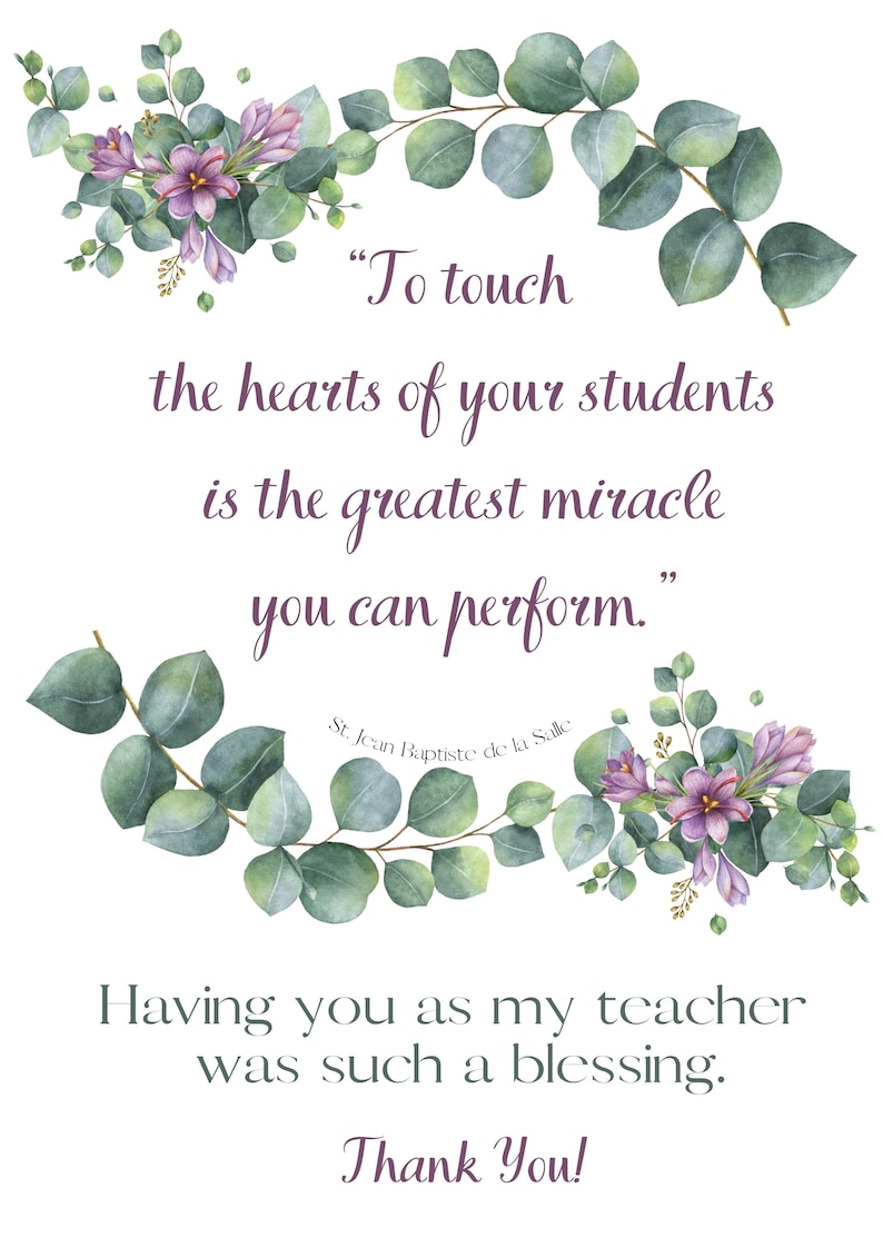 Printable Catholic Teacher Thank You Card, Saint Quote Greeting ...