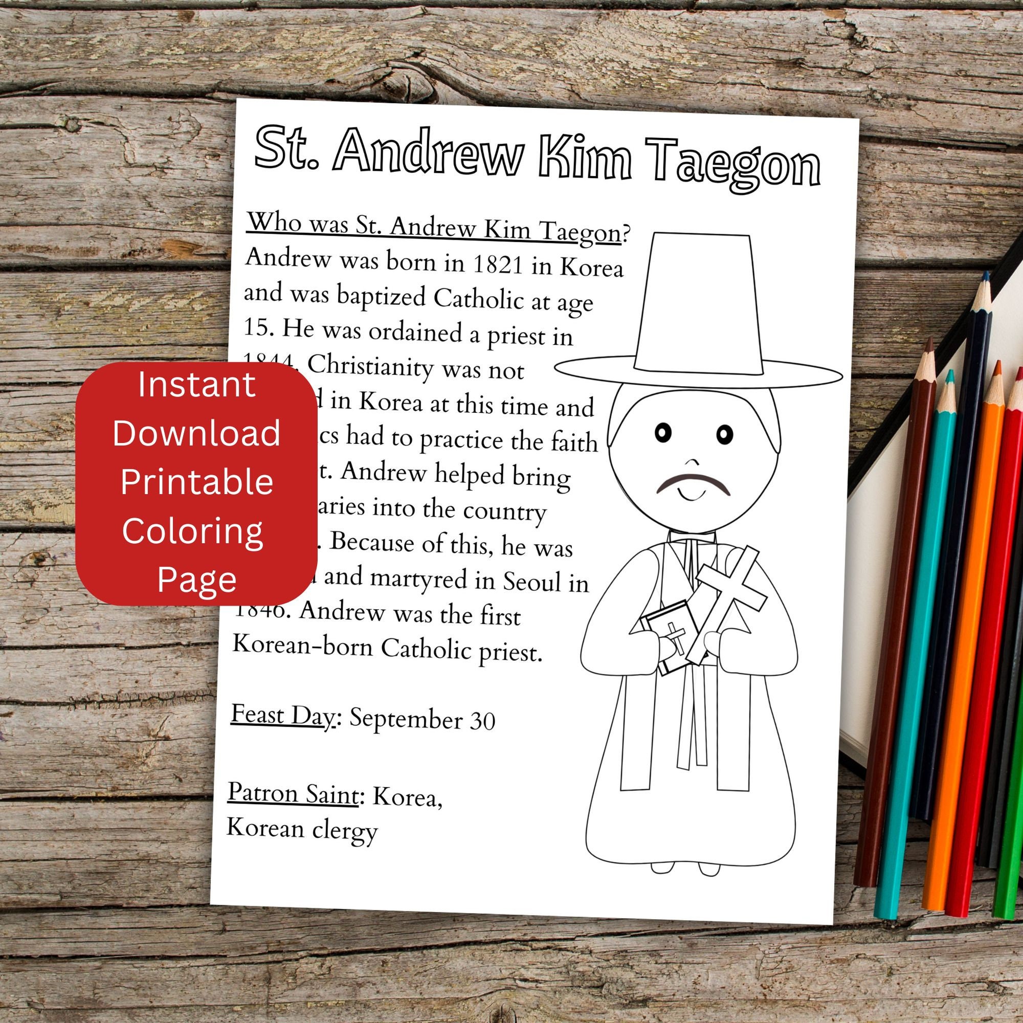 St. Andrew Kim Coloring Page, Printable Saint Coloring, Catholic Kid's ...