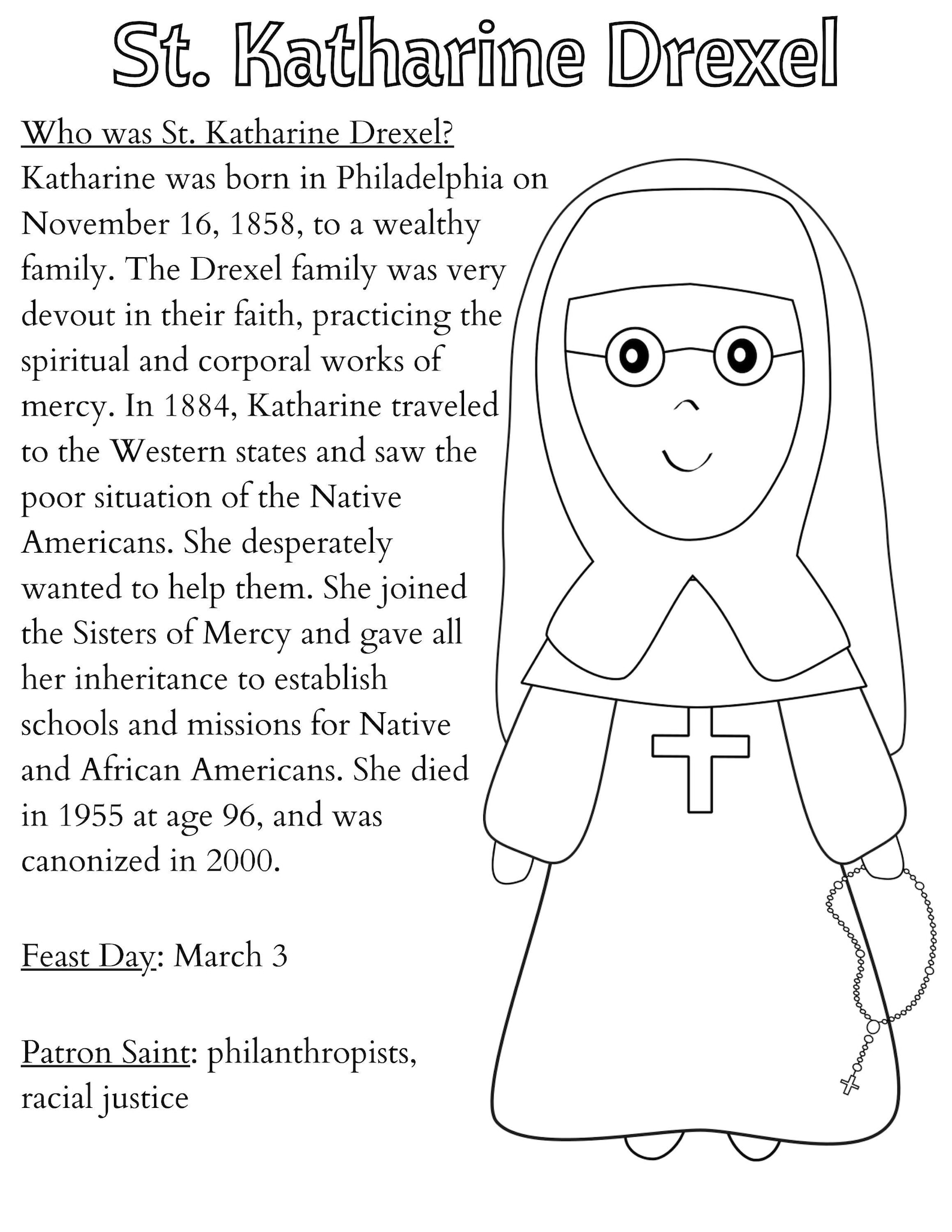 St. Katharine Drexel Printable Coloring Page, Catholic Saint Kid's ...