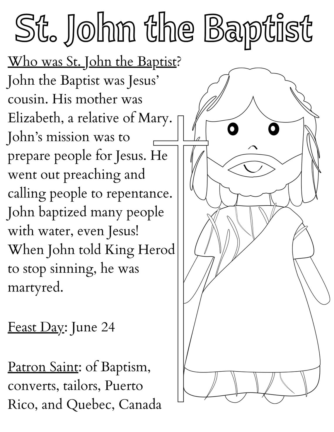 St. John the Baptist Coloring Page, Printable Saint Coloring, Catholic ...
