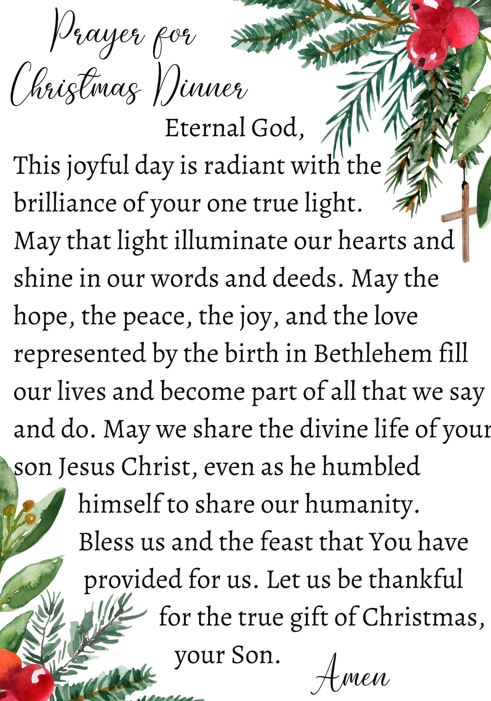 Christmas Prayer Cards, Printable Christmas Dinner Prayer, Christmas ...