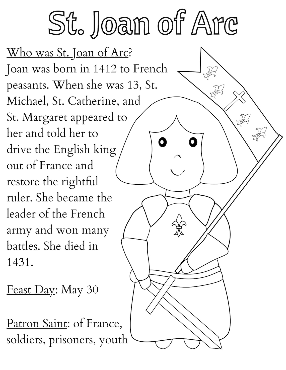 St. Joan of Arc Coloring Page, Printable Saint Coloring, Catholic Kid's ...