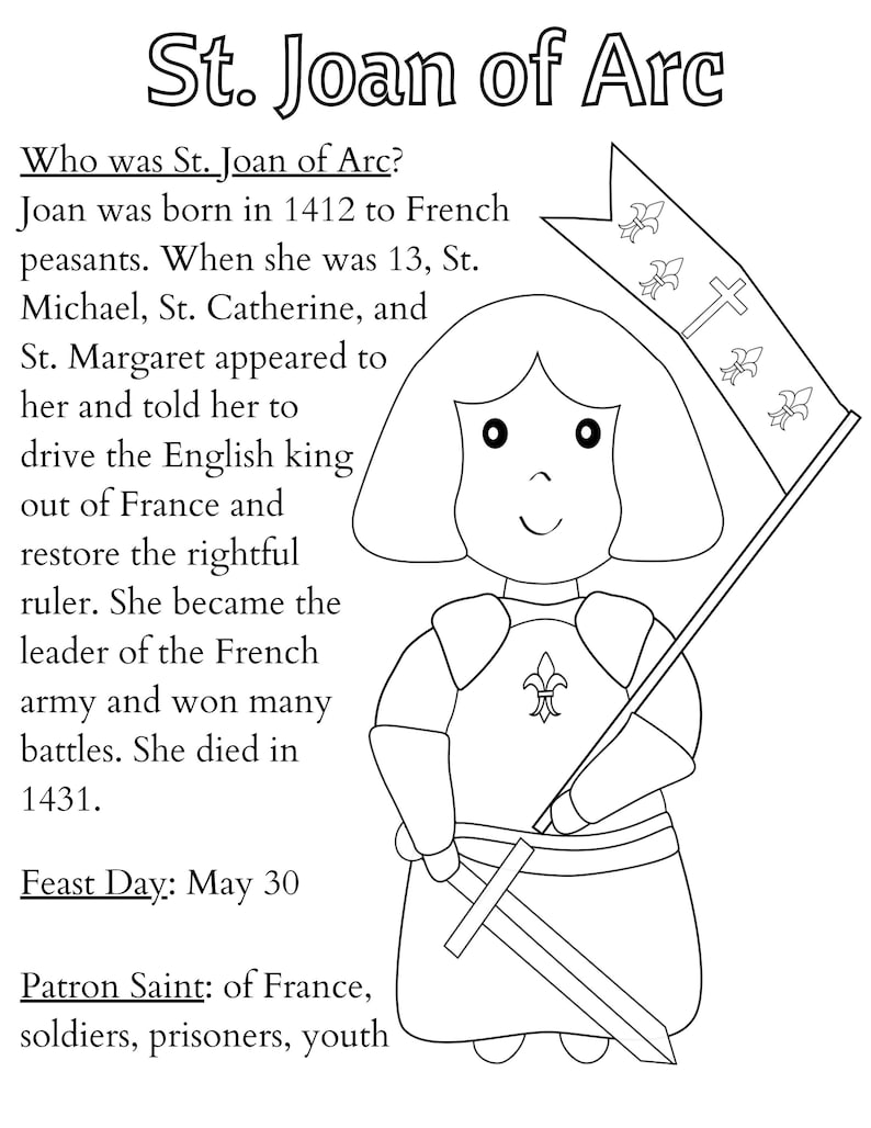 St. Joan of Arc Coloring Page, Printable Saint Coloring, Catholic Kid's ...