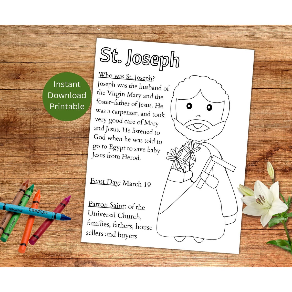 St. Joseph Coloring Page, Printable Saint Coloring Picture, Catholic ...