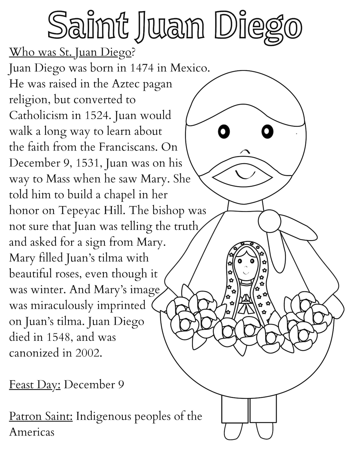 Printable St. Juan Diego Coloring Page, Catholic Saint Kid's Activity ...