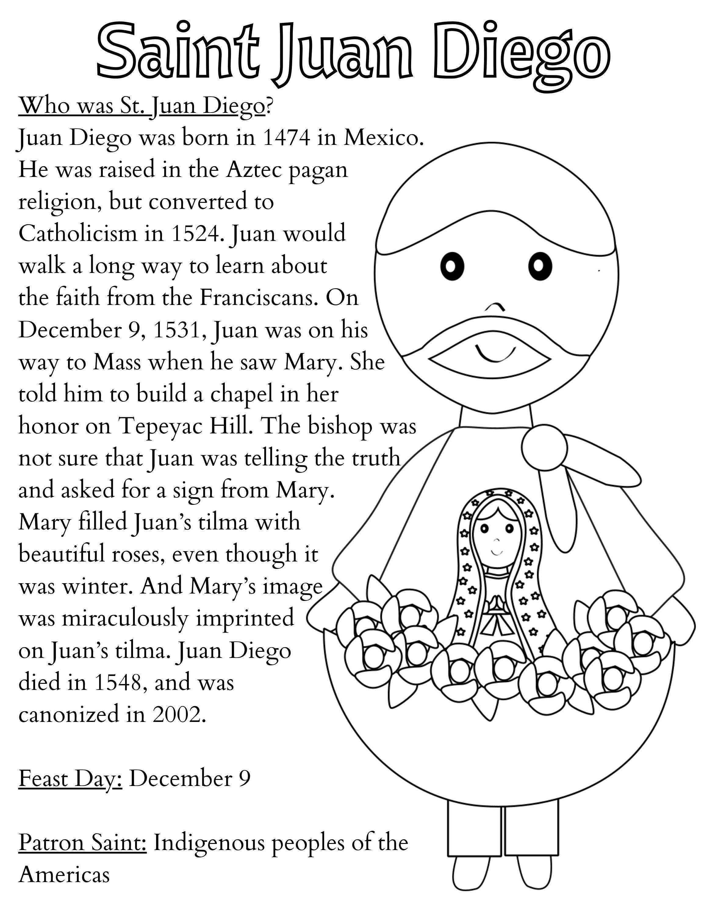 Printable St. Juan Diego Coloring Page, Catholic Saint Kid's Activity ...