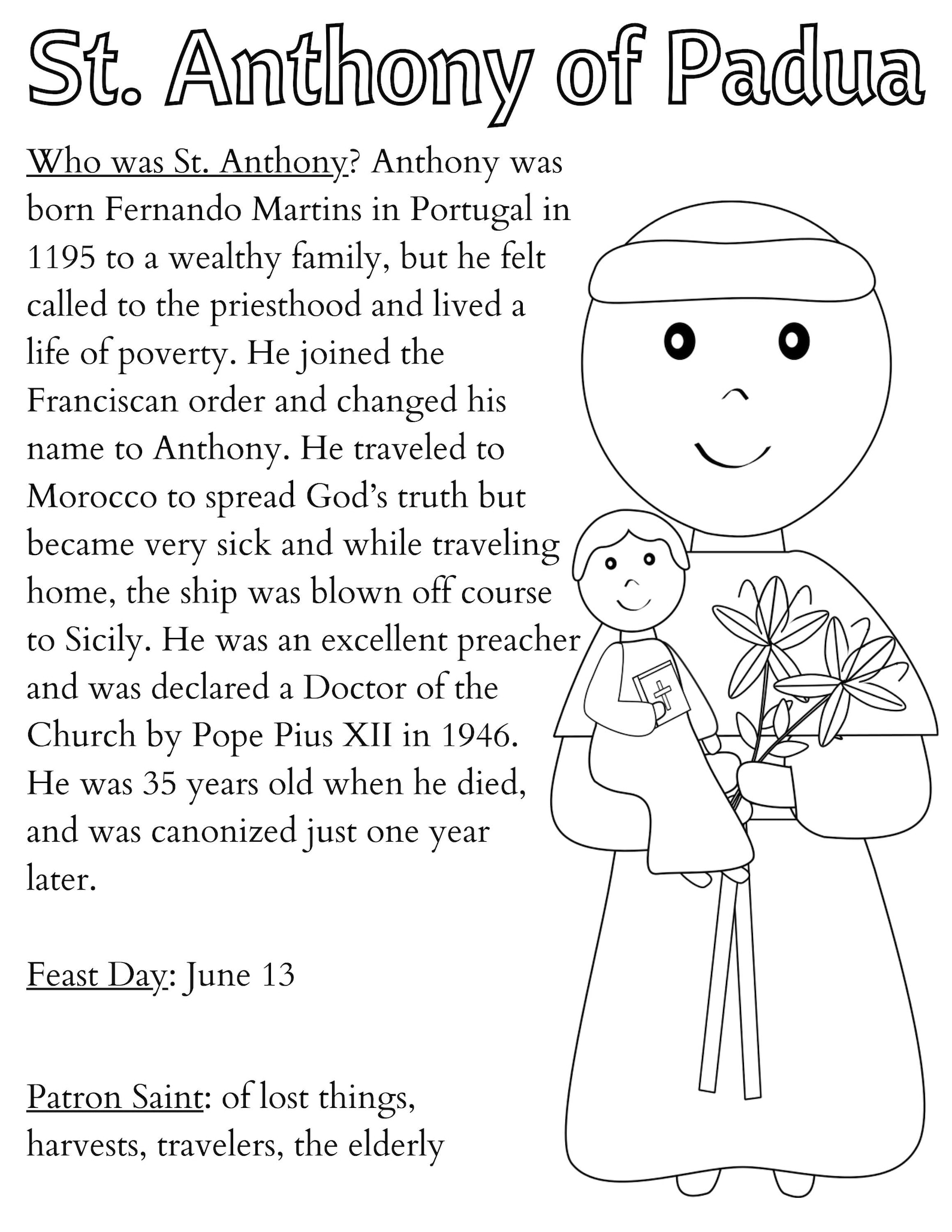 St. Anthony of Padua Coloring Page, Printable Saint Coloring, Catholic ...