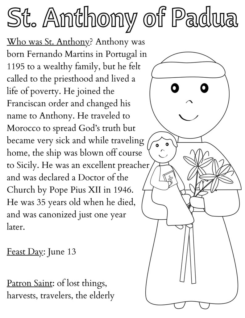 St. Anthony of Padua Coloring Page, Printable Saint Coloring, Catholic ...