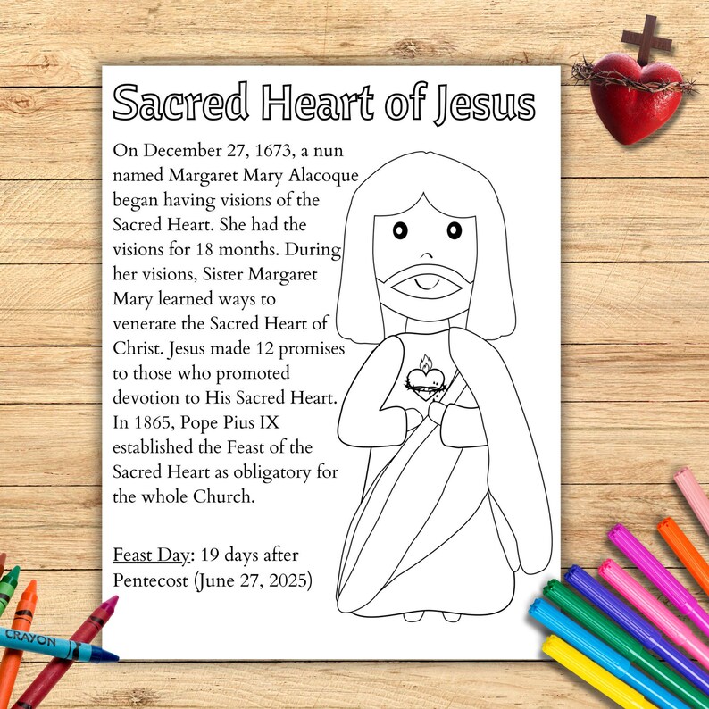 Sacred Heart of Jesus Coloring Page, Printable Jesus Coloring, Catholic ...