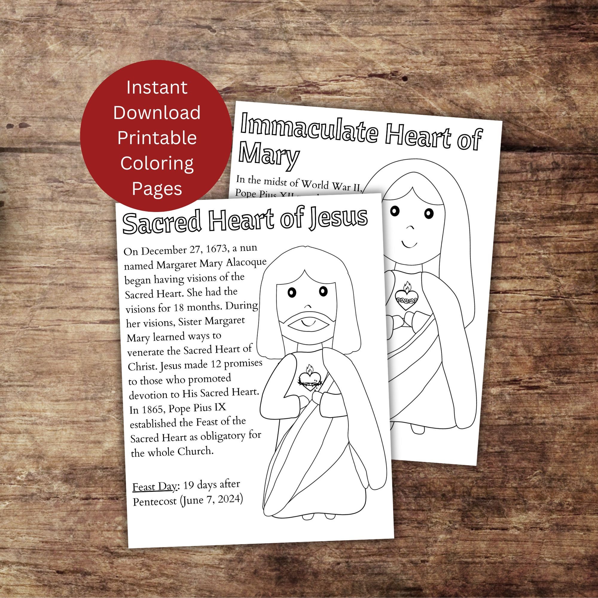 Sacred Heart and Immaculate Heart Coloring Pictures, Printable Jesus ...