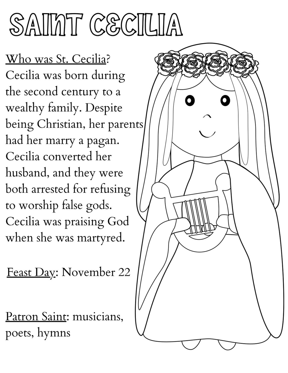 St. Cecilia Coloring Page / Printable Coloring Page / Saint Coloring ...