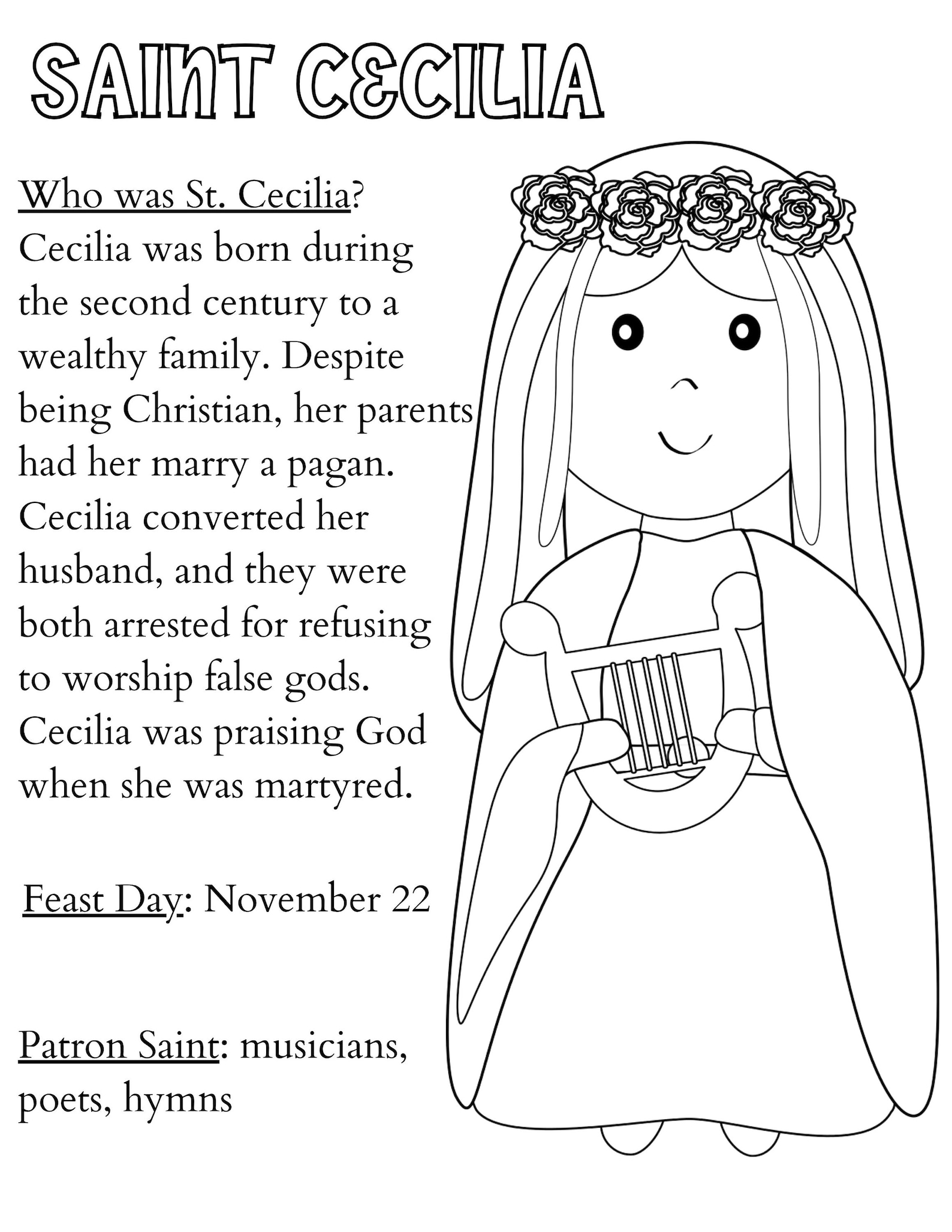 St. Cecilia Coloring Page / Printable Coloring Page / Saint Coloring ...