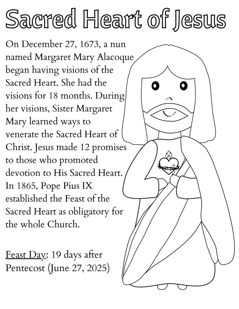 Sacred Heart of Jesus Coloring Page, Printable Jesus Coloring, Catholic ...