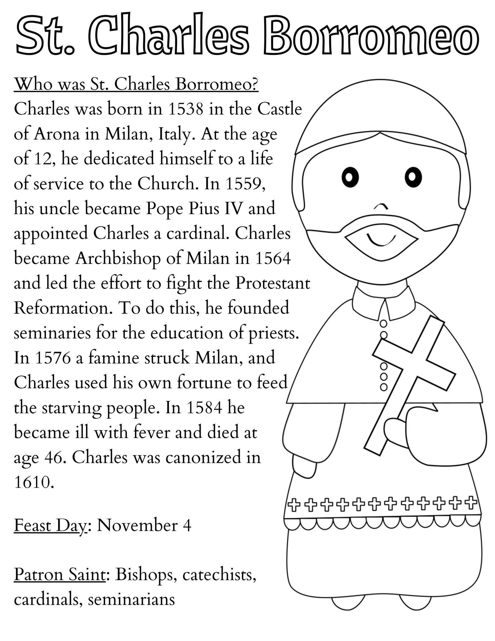 St. Charles Borromeo Coloring Page, Printable Saint Coloring, Catholic ...