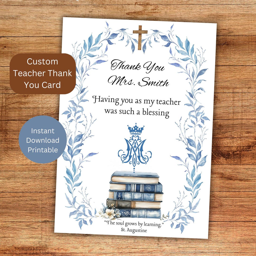Personalized Teacher Thank You Card, Custom Catholic Thank You ...