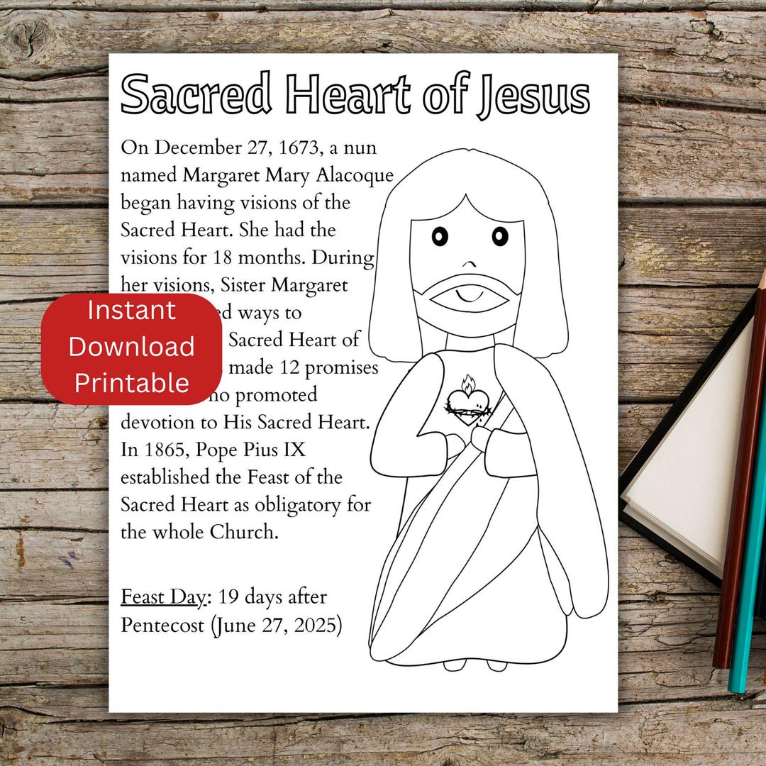 Sacred Heart of Jesus Coloring Page, Printable Jesus Coloring, Catholic ...