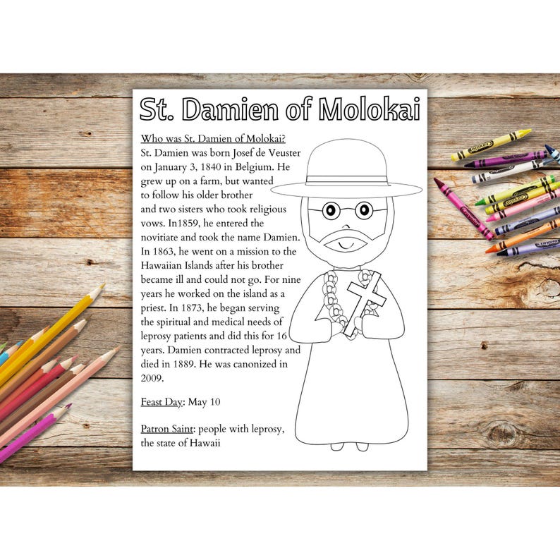 St. Damien of Molokai Coloring Page, Printable Saint Coloring, Catholic ...