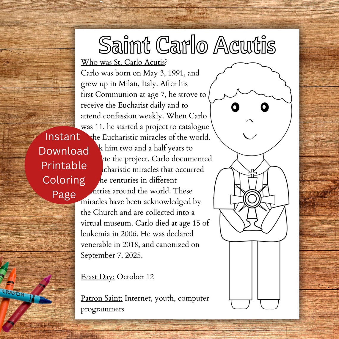 Printable St. Carlo Acutis Coloring Page, Catholic Kid's Saint Activity ...