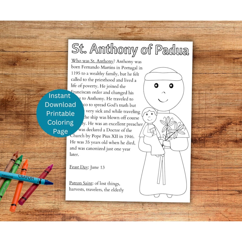 St. Anthony of Padua Coloring Page, Printable Saint Coloring, Catholic ...
