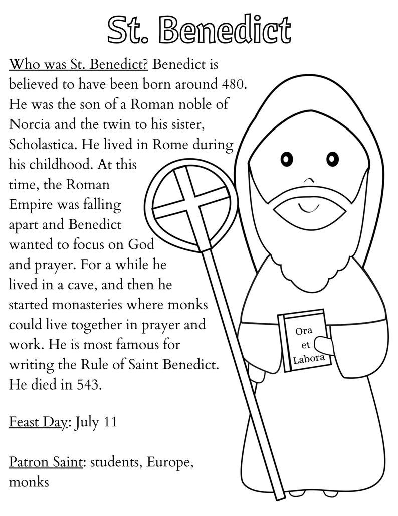 St. Benedict Coloring Page, Printable Saint Coloring, Catholic Kid's ...