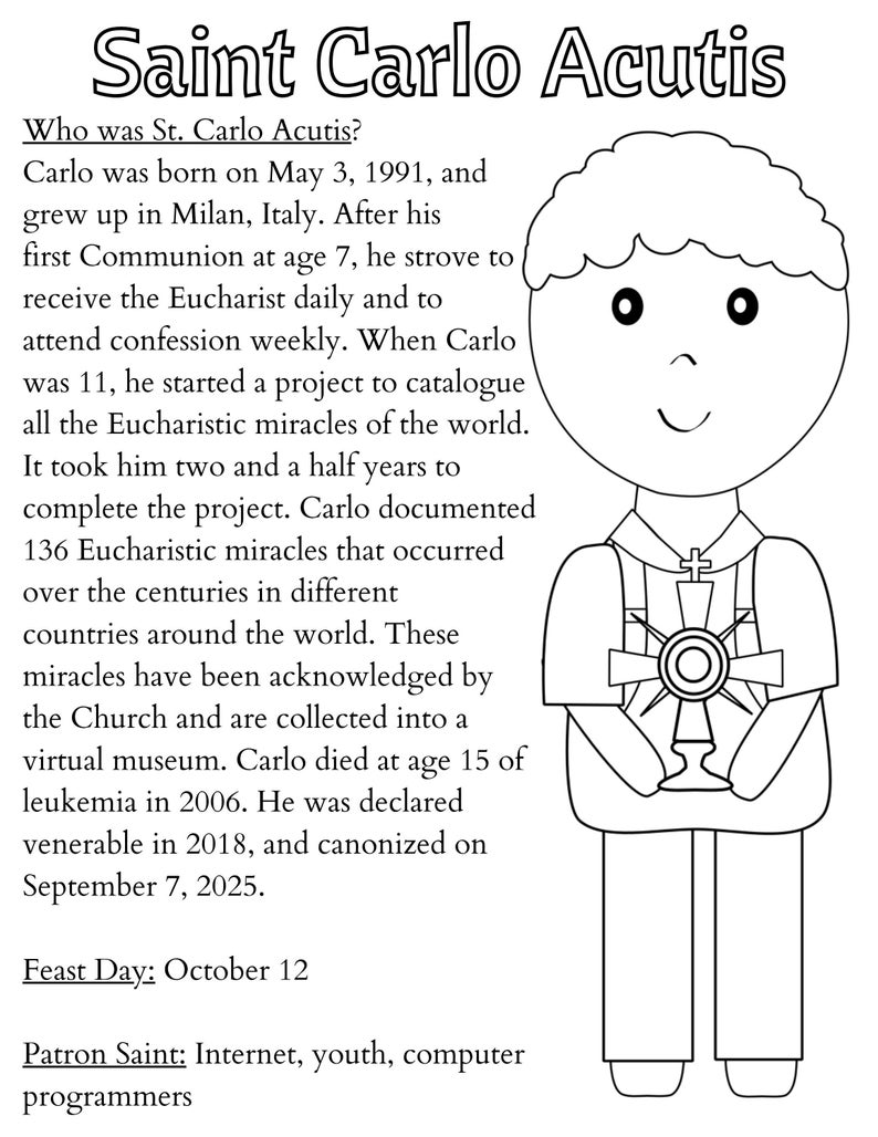 Printable St. Carlo Acutis Coloring Page, Catholic Kid's Saint Activity ...