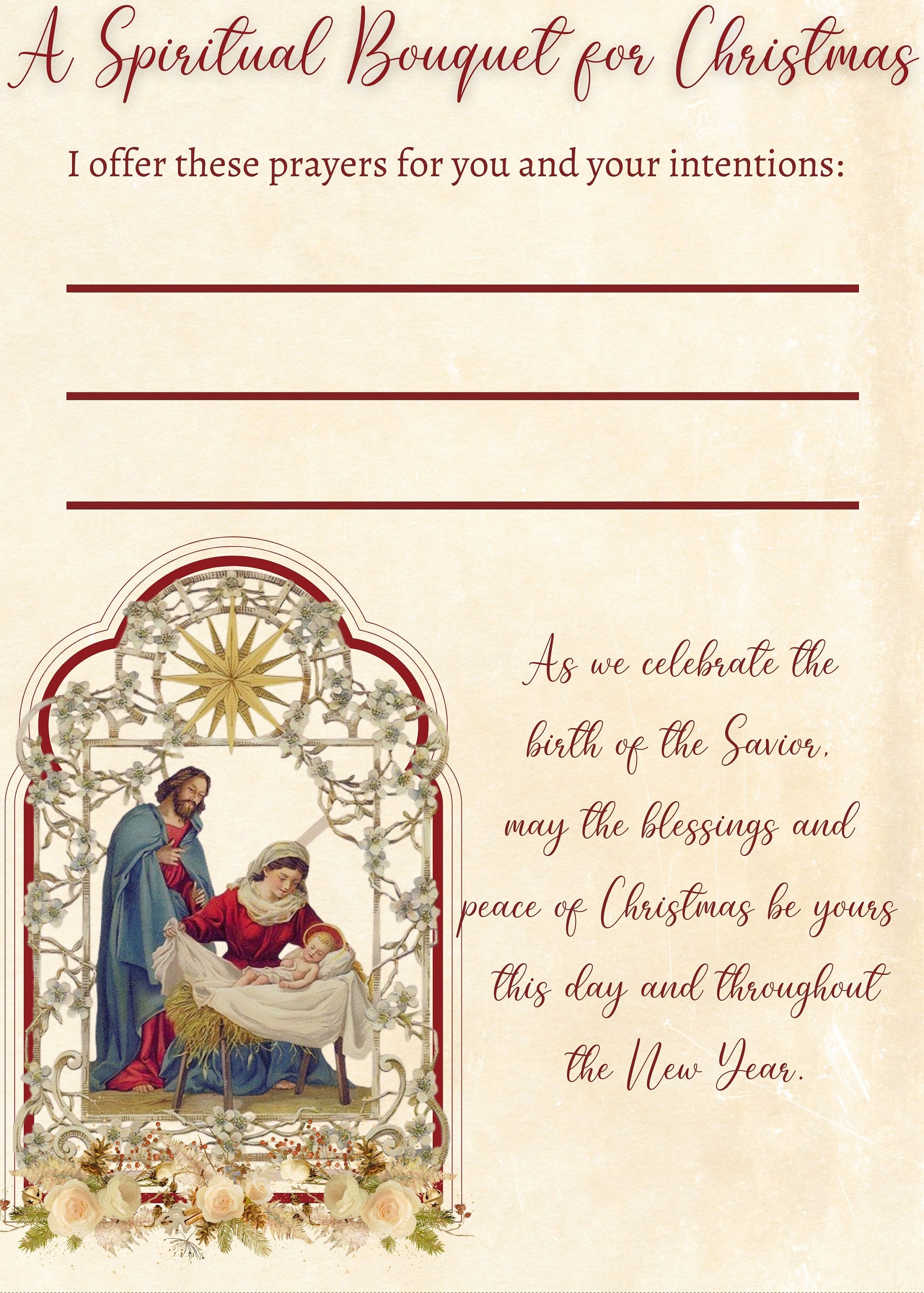 Christmas Spiritual Bouquet Card / Printable Spiritual Bouquet / Prayer ...