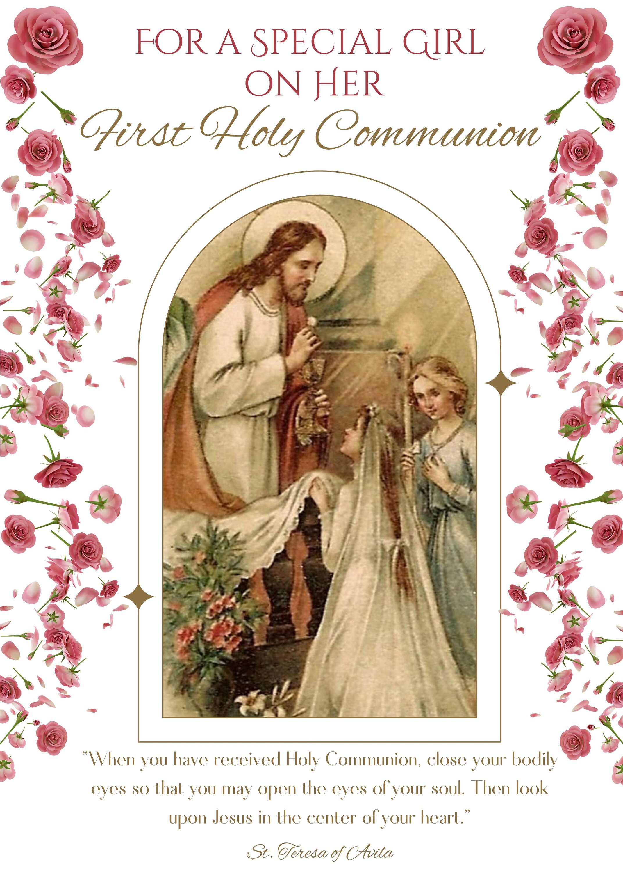 First Holy Communion Card for Girl, Printable Catholic Sacrament ...