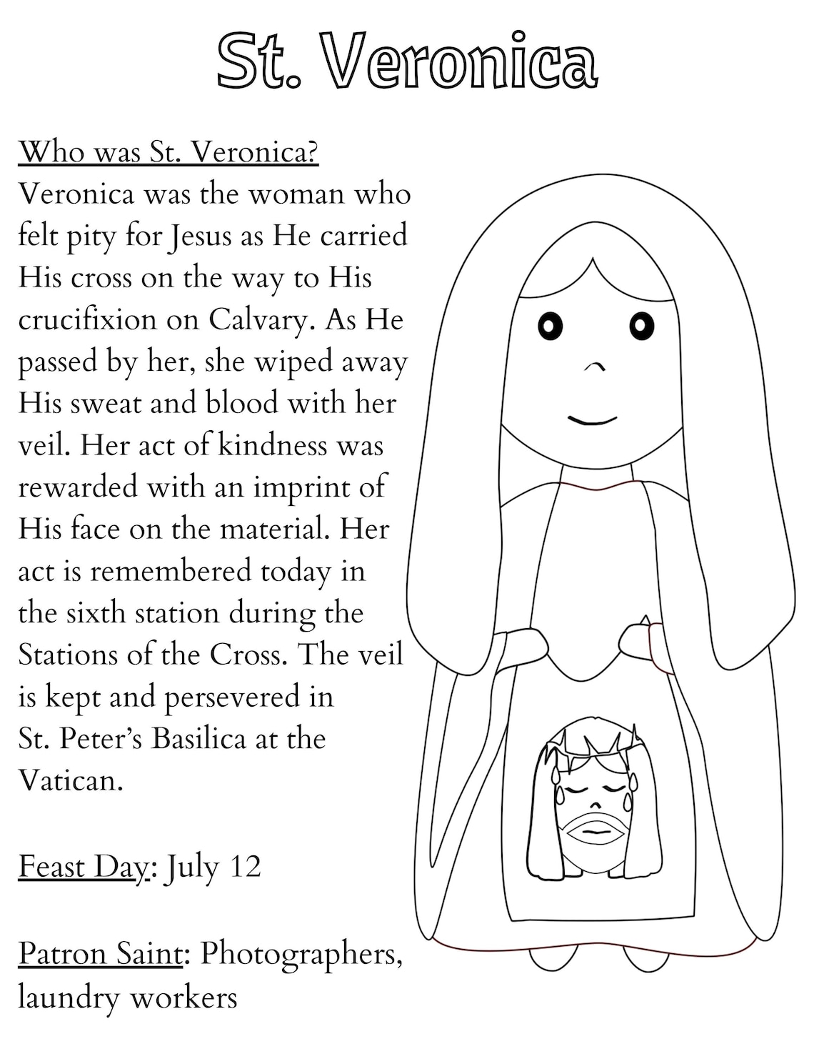 St. Veronica Coloring Page, Printable Saint Coloring, Catholic Kid's ...