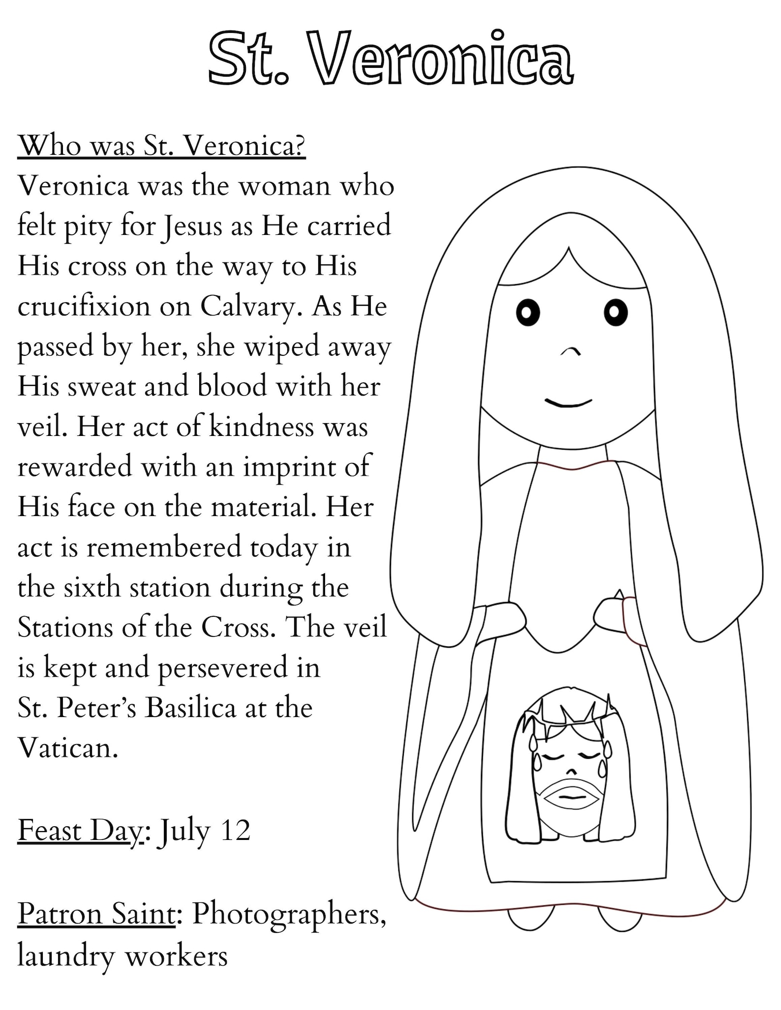 St. Veronica Coloring Page, Printable Saint Coloring, Catholic Kid's ...