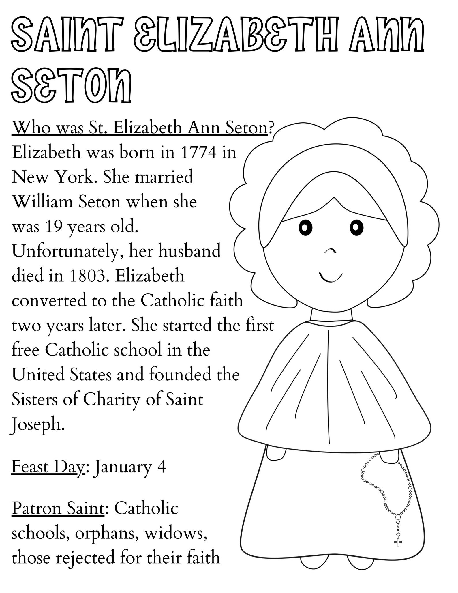 St. Elizabeth Ann Seton Coloring Page / Printable Saint Coloring Page ...
