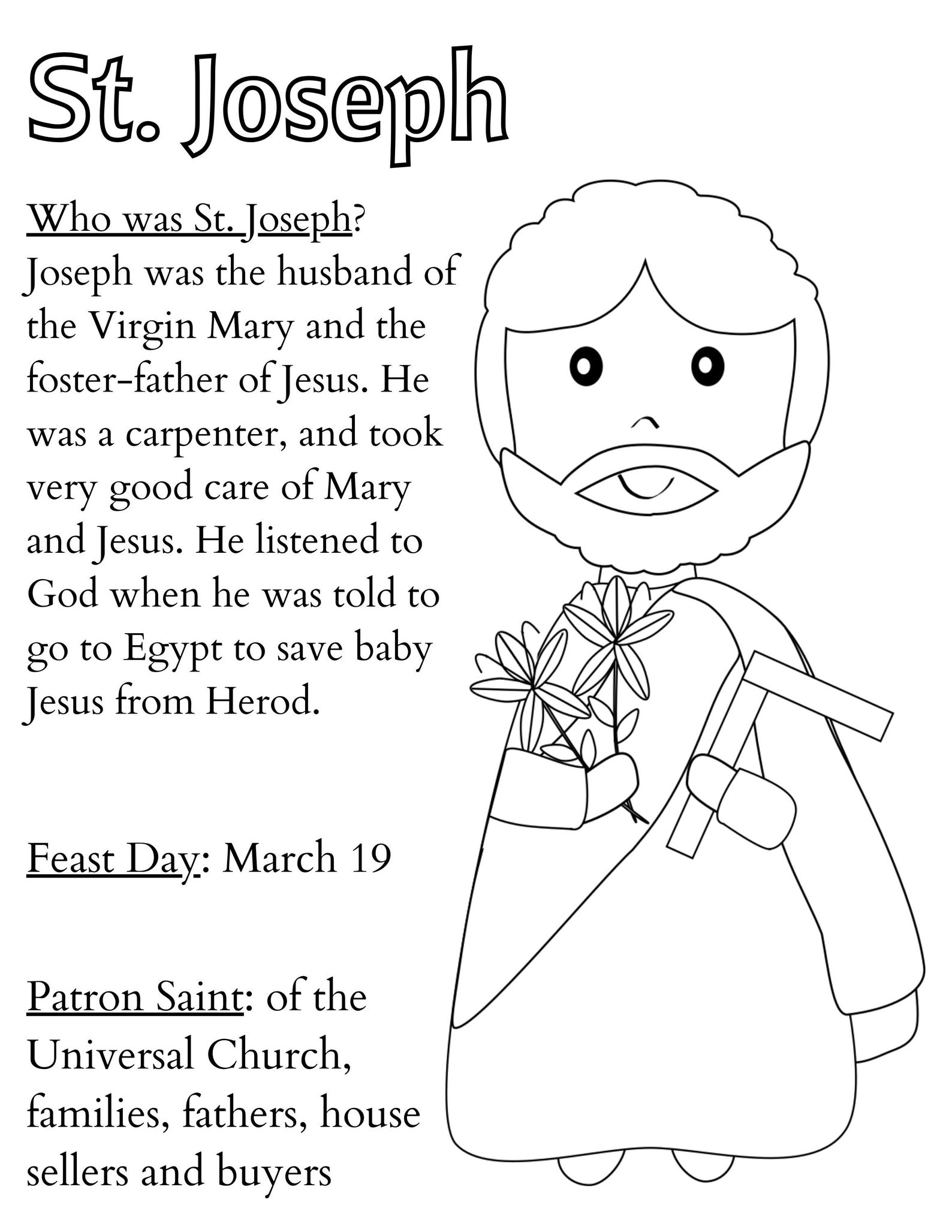 St. Joseph Coloring Page, Printable Saint Coloring Picture, Catholic ...