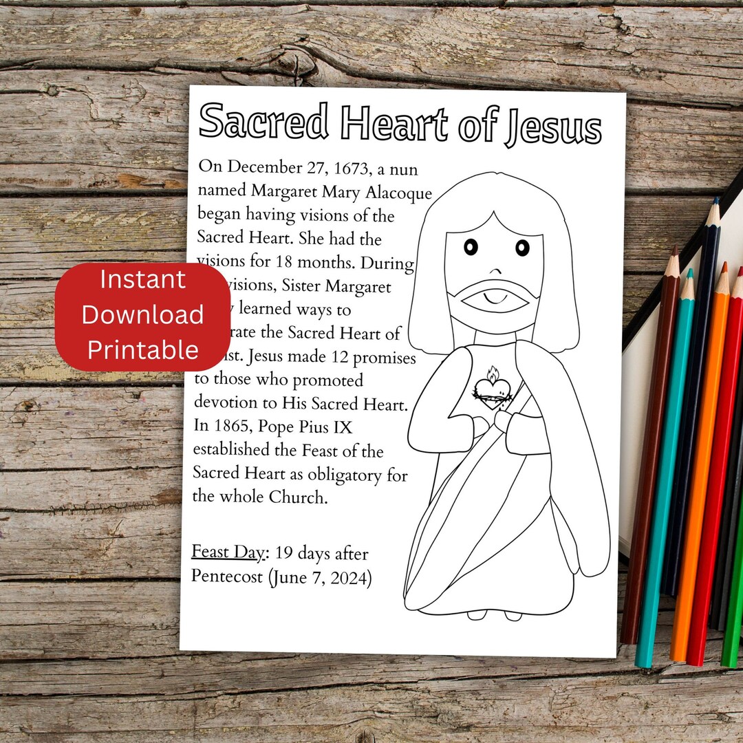 Sacred Heart of Jesus Coloring Page, Printable Jesus Coloring, Catholic ...