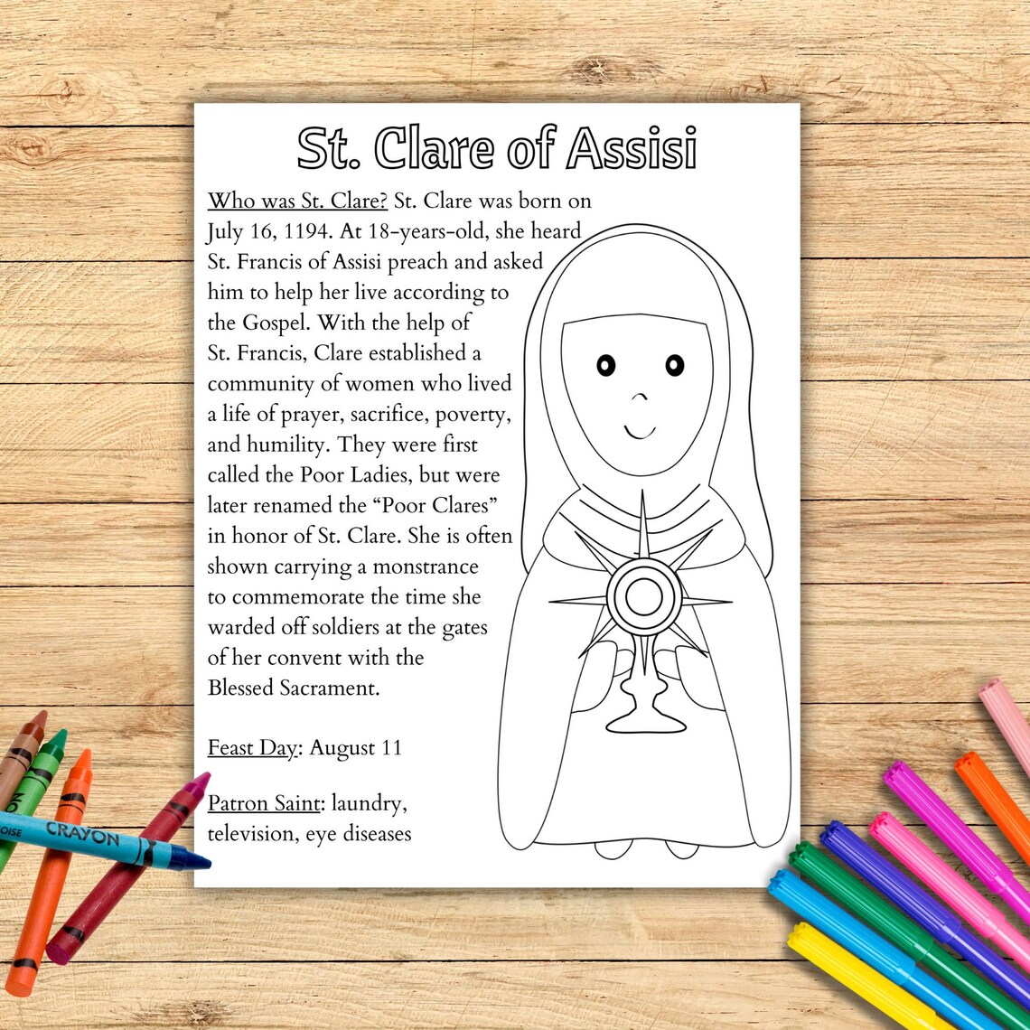 St. Clare of Assisi Coloring Page, Printable Saint Coloring, Catholic ...