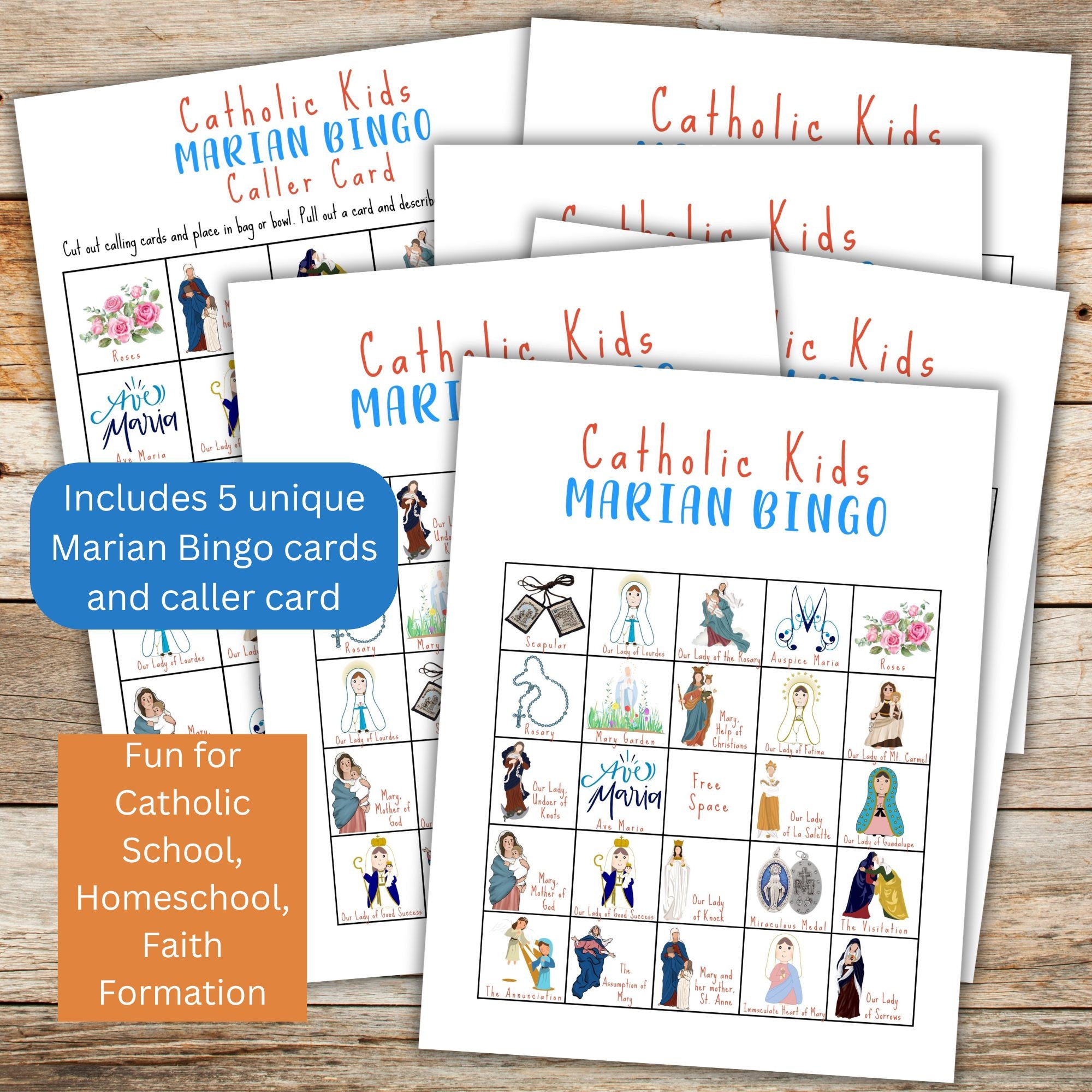 Marian Catholic Bingo Game, Printable Bingo Cards, Catholic Kid's ...