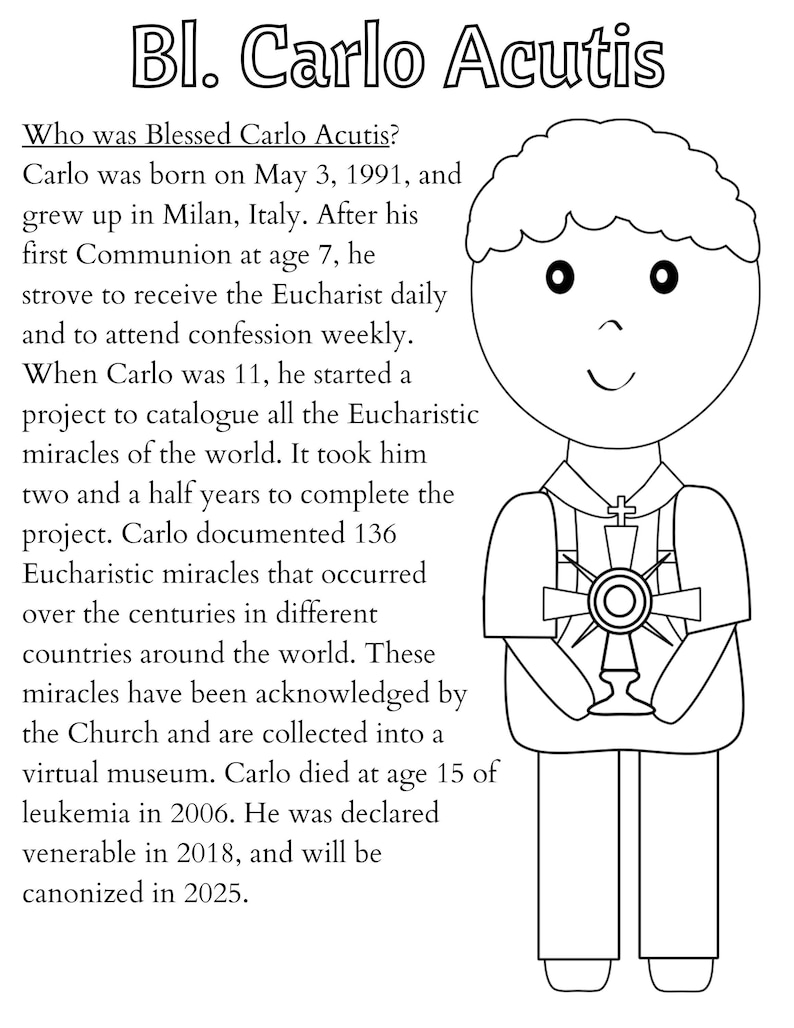 Blessed Carlo Acutis Coloring Page, Printable Saint Coloring, Catholic ...