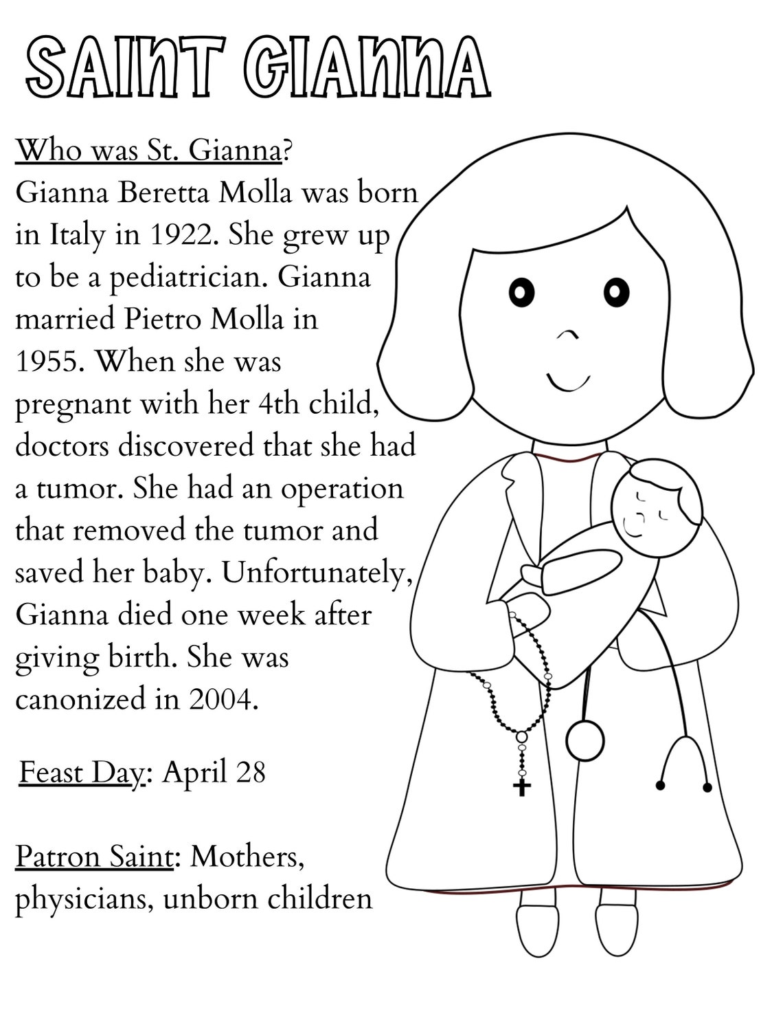 St. Gianna Coloring Page, Printable Saint Coloring, Catholic Kid's ...
