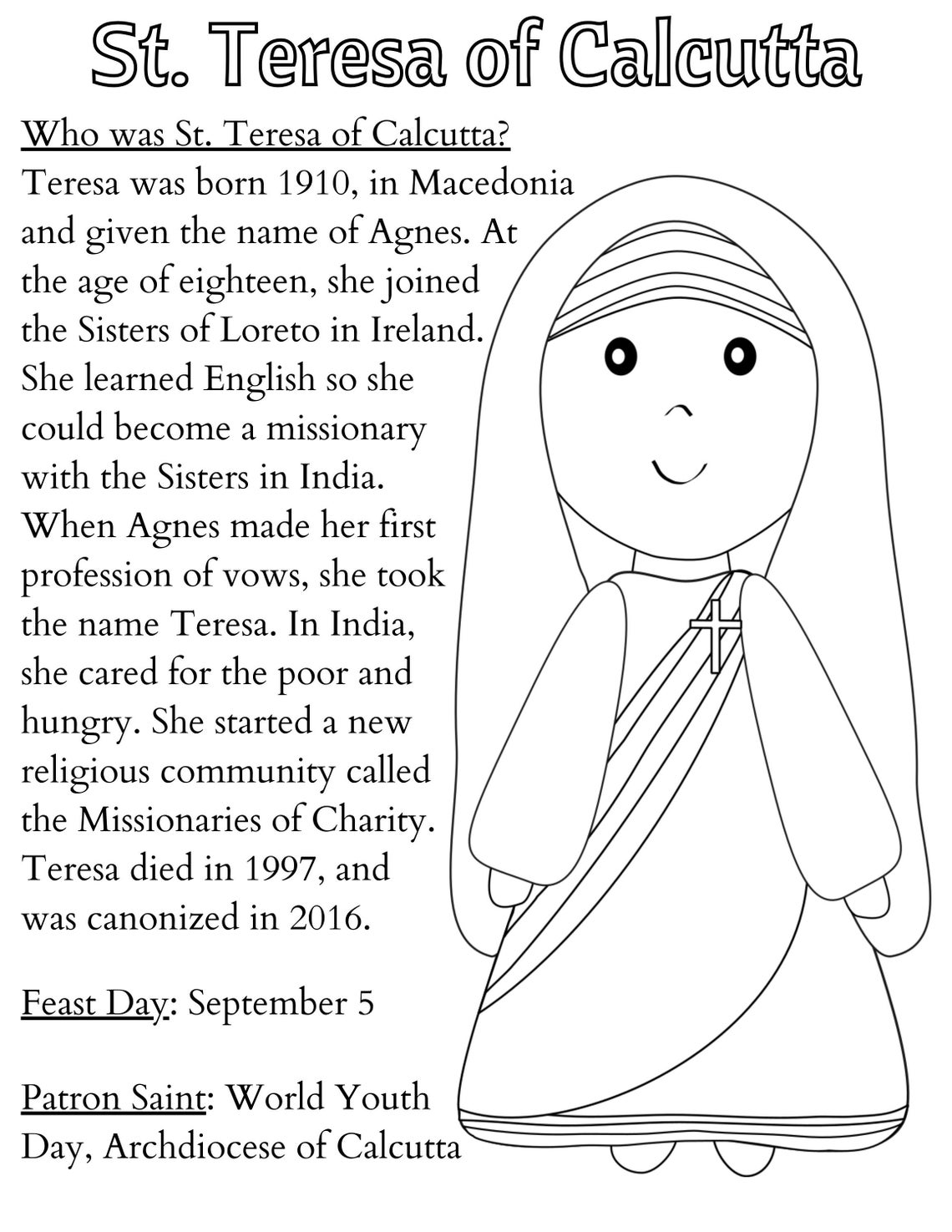St. Teresa of Calcutta Coloring Page, Printable Saint Coloring ...