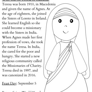 St. Teresa of Calcutta Coloring Page, Printable Saint Coloring ...