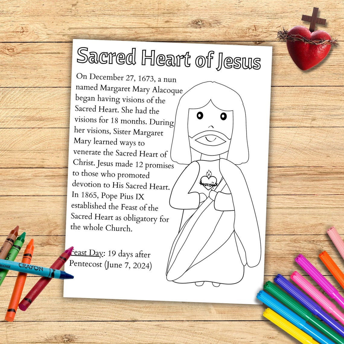 Sacred Heart of Jesus Coloring Page, Printable Jesus Coloring, Catholic ...