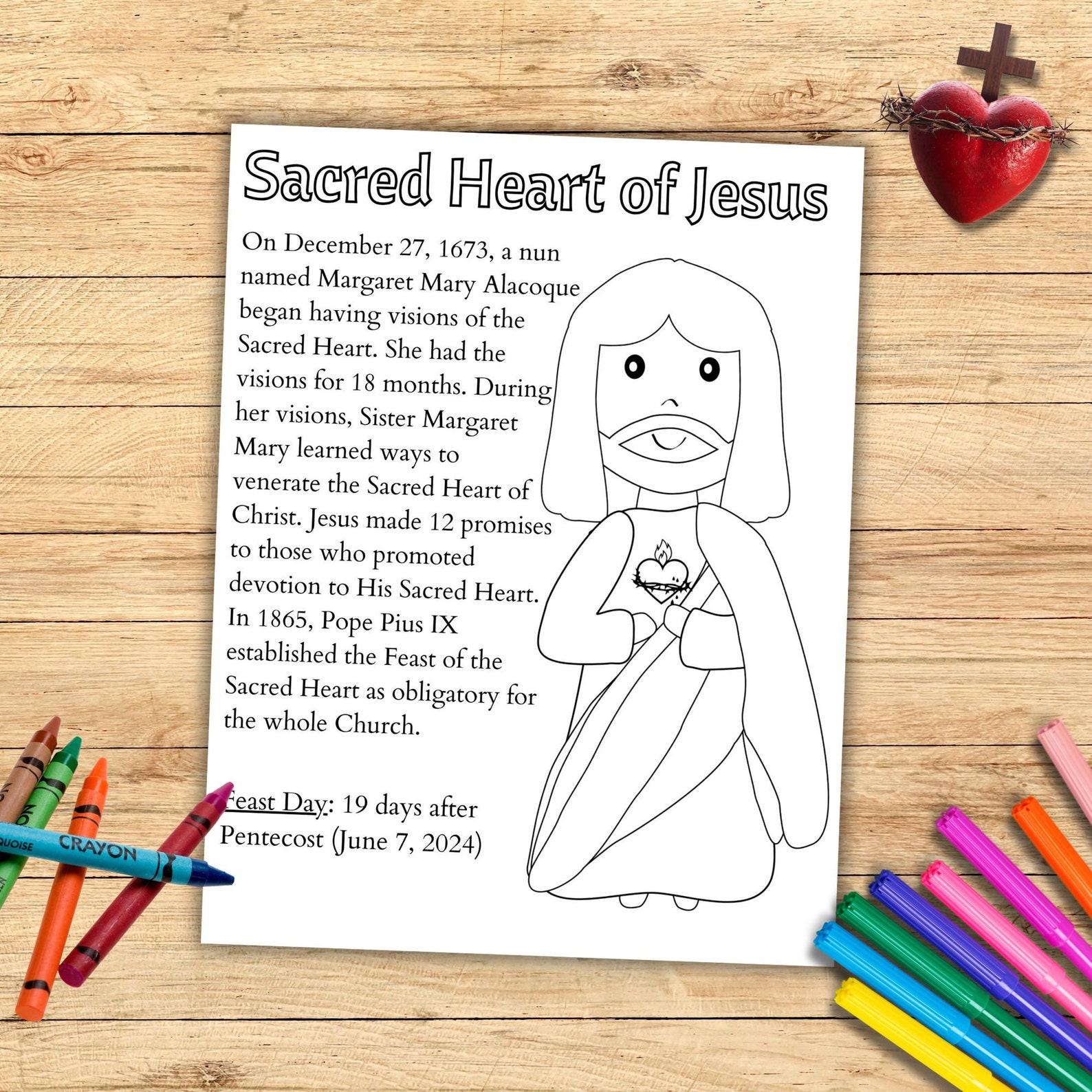 Sacred Heart of Jesus Coloring Page, Printable Jesus Coloring, Catholic ...