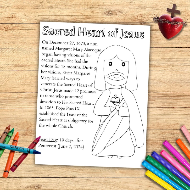 Sacred Heart of Jesus Coloring Page, Printable Jesus Coloring, Catholic ...
